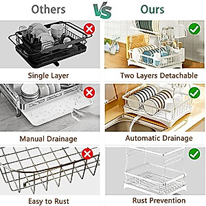 ParkNbuy Dish Drying Rack,2-Tier Detachable Dish Racks for Kitchen Counter,Large Capacity Dish Drying Rack Drainboard Set with Utensil Pots Holder and Cutting Board Holder White
