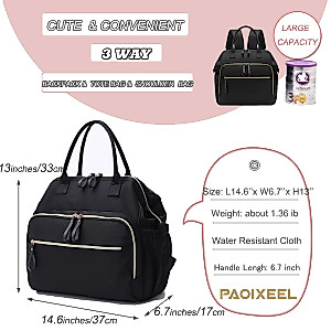 PAOIXEEL Large Capacity Diaper Bag Tote, Water-Resistant Nylon 3 Ways Travel Backpack and Should Bag with Anti-Theft Pockets, Black-Silver