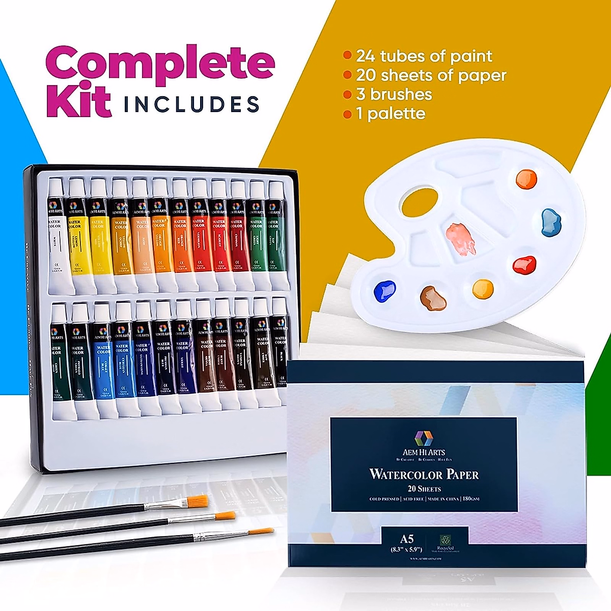 AEM Watercolor Paint Set – Includes 24 Colors (12mL Each), Brushes & Paper – Paint on Paper, Wood, Fabric, Ceramics & More – Great Starter Kit for Kids & Adults, Also Suitable for Professional Artists