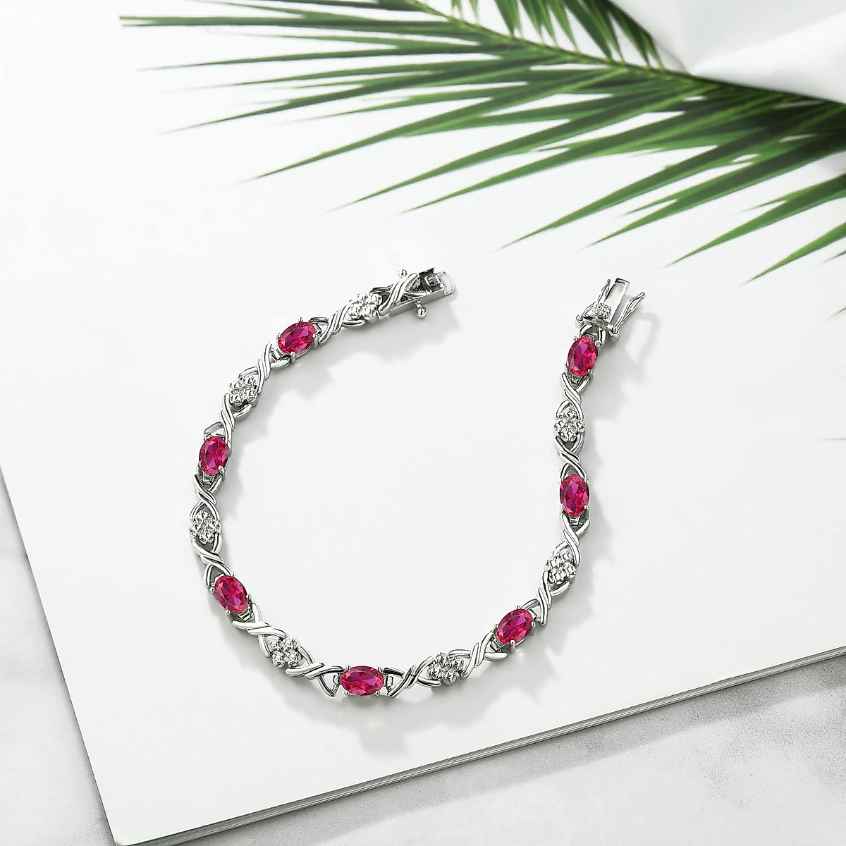 Gem Stone King 925 Sterling Silver Red Created Ruby Tennis Bracelet For Women (4.00 Cttw, Gemstone July Birthstone, Oval 6X4MM, 7 Inch)