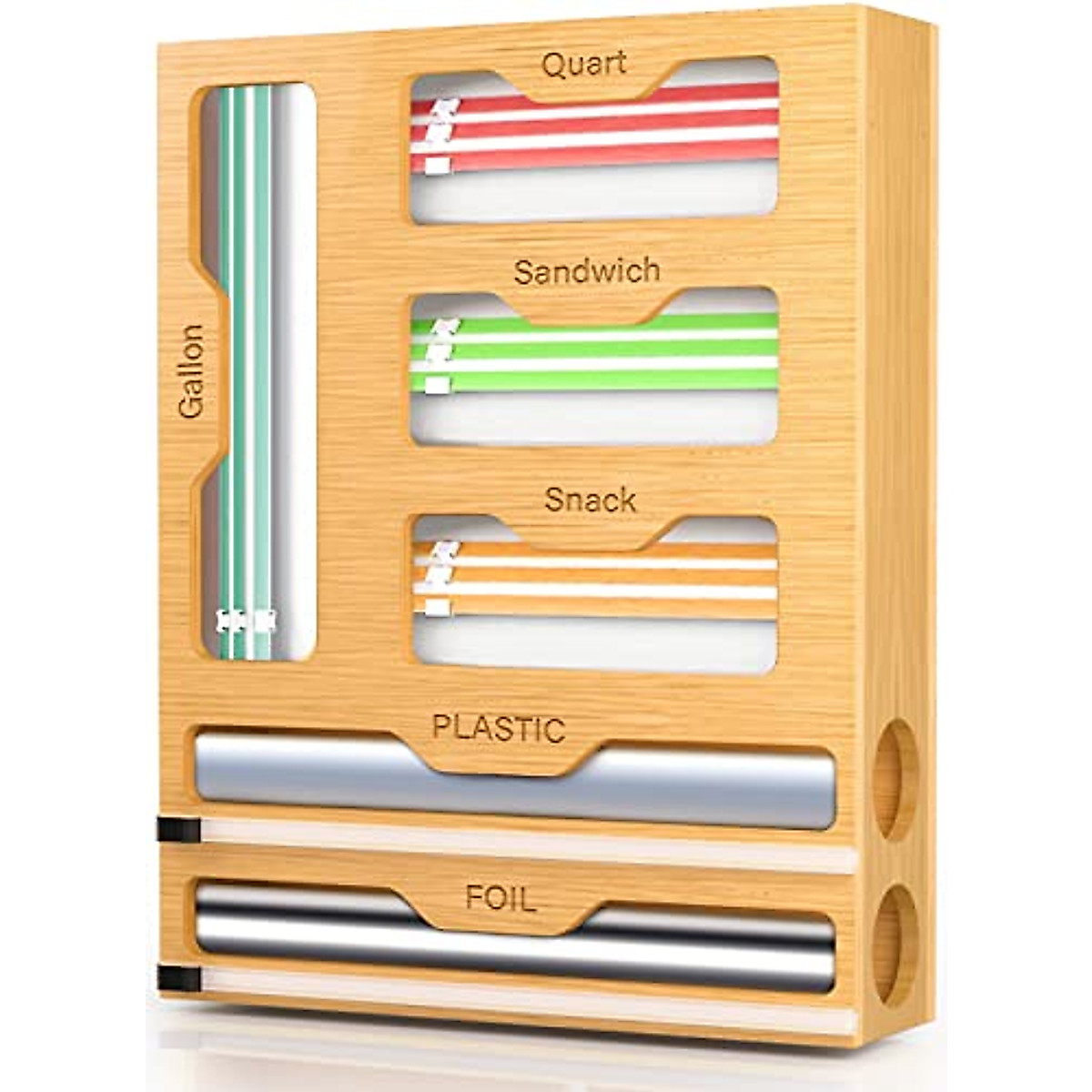 KOCWELL Ziplock Bag Organizer and Plastic Wrap Dispenser with Cutter, 6 In 1 Bamboo Foil and Plastic Wrap Organizer for Kitchen Drawer, Food Storage Bag Organizer for Gallon,Quart,Sandwich,Snack