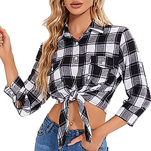 Women's 3/4 Sleeve Front Tie Shirt Plaid Shirts Denim Shirt Crop Cardigan Jean Crop Top Button Down Knot Shirt Black Plaid X-Small