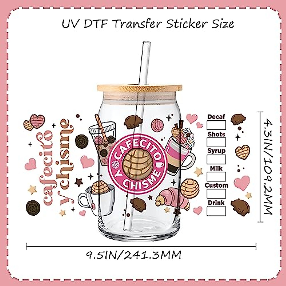 GUNKY UV DTF Cup Wrap, 9Sheets Coffee Theme Rub on Transfers for Crafting 16OZ Libbey Glass Cups Wrap Transfer Stickers Decals Waterproof Crafts Vintage, Pink