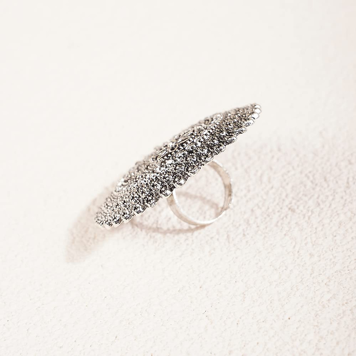 Jumwrit Rhinestone Big Round Ring Open Wrap Ring Vintage Ring with Flower Engraved Statement Ring Adjustable Finger Ring Indian Ring for Women and Girls（Silver）