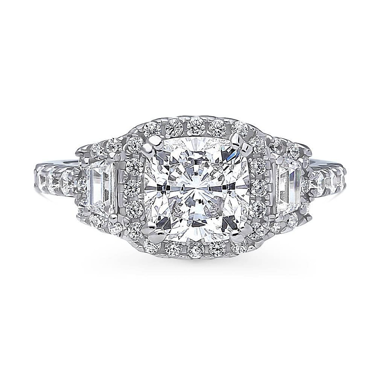 BERRICLE Sterling Silver 3-Stone Wedding Engagement Rings Cushion Cut Cubic Zirconia CZ Halo Ring for Women, Rhodium Plated Size 8