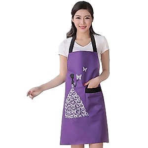 Moolecole Womens Kitchen Aprons Waterproof Bib Overalls Anti-Oil Stain Adult Sleeveless PVC Butterfly Pinafore Apron with One Pockets for Cooking Baking Purple, Valentine's Day Gift