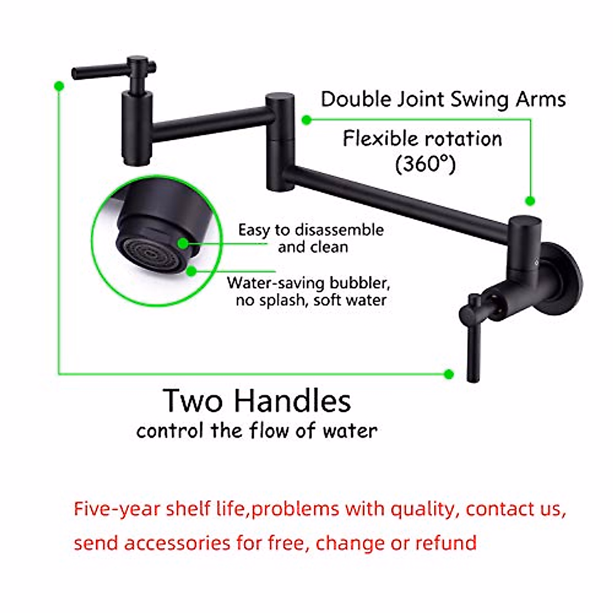 BZOOSIU Pot Filler Faucet Wall Mount, Double Joint Swing Arms Solid Brass Folding Faucet, Single Hole Two Handles Wall Mount Kitchen Faucet, Matte Black