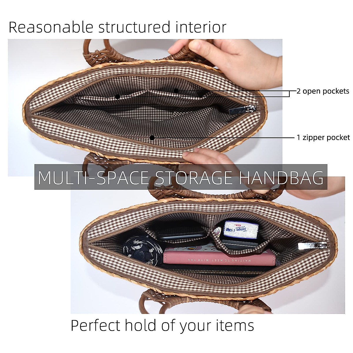 TICYACK Women's Top-handle Handbags, Handmade Straw Bag/Straw Purse for Womens for Daily Use, Beach, Travel