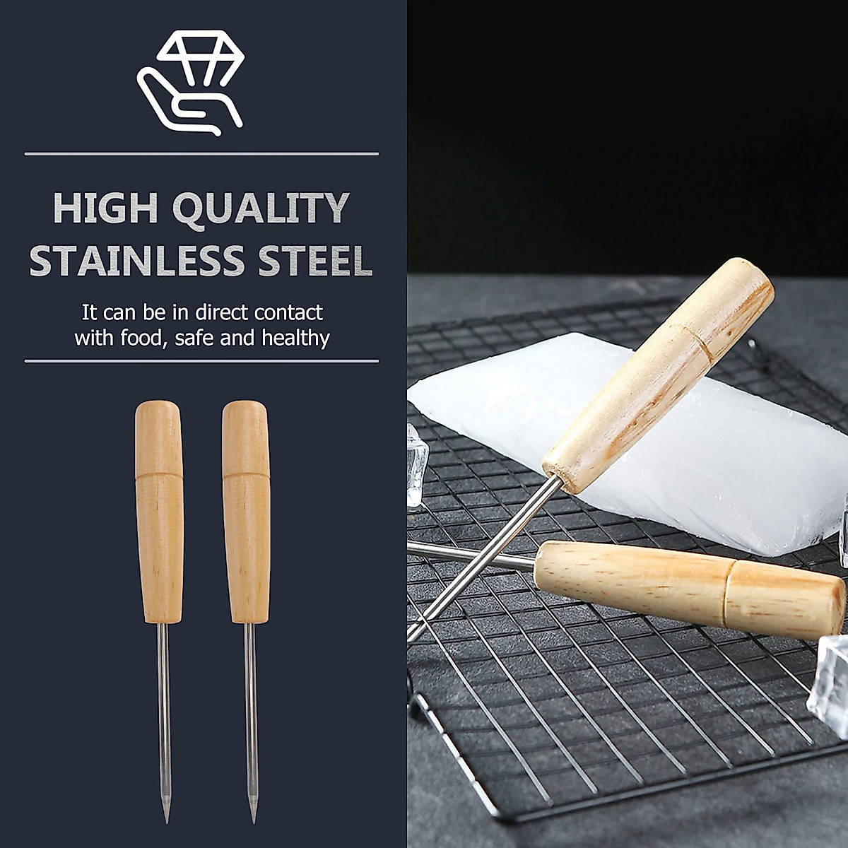 Hemoton 2pcs Stainless Steel Wooden Handle Picks for Kitchen Bars Bartender Picnics Camping Tea Accessories Ice Cube Breaking Prying Cake Brick Tea Cone