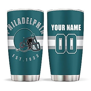 Custom Philadelphia Tumbler 20oz Stainless Steel with Lid & Straw Personalized Football Fans Gifts for Women Men Coffee Travel Mug Cup Add Name Number