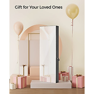 SONGMICS Jewelry Cabinet Armoire Organizer with LED Lights, Wall-Mounted Storage Cabinet with Full-Length Frameless Mirror, Built-in Makeup Mirror, 2 Drawers, Lockable, Black UJJC013B01