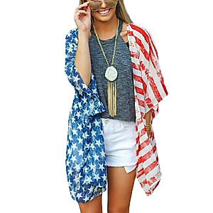 DDSOL Women's American Flag Kimono Cover up Beachwear Cardigan Loose Tops Shirt Blouse(Red One Size)