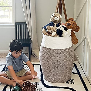 Goodpick Tall Laundry Hamper | Woven Jute Rope Dirty Clothes Hamper Modern Hamper Basket Large in Laundry Room, (White & Brown, 25.6 x 17.71 Inch)