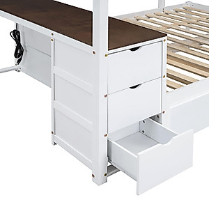 Harper & Bright Designs Full Over Full Bunk Bed Twin Size Trundle, Wood Full Bunk Bed with USB Ports, Storage and Desk, White+Walnut