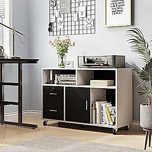 YITAHOME Wood File Cabinet, 2 Drawer Mobile Lateral Storage Cabinet Printer Stand with Lock and Open Storage Shelves for Home Office, White,Drawers Without Hanging Bars