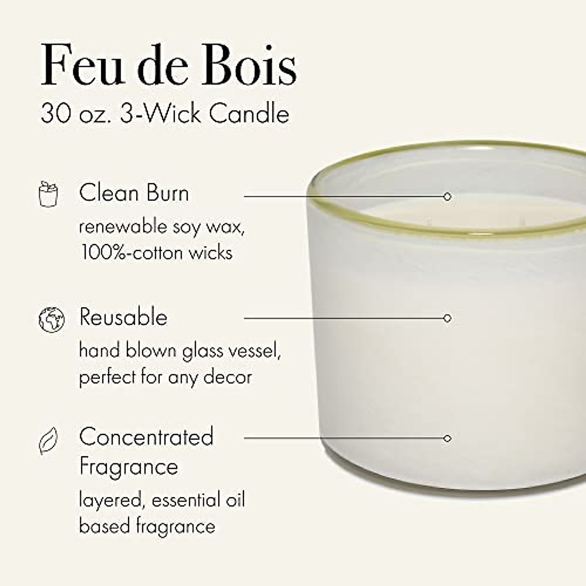 LAFCO New York 3-Wick Candle, Feu de Bois - 30 oz - 120-Hour Burn Time - Reusable, Hand Blown Glass Vessel - Made in The USA