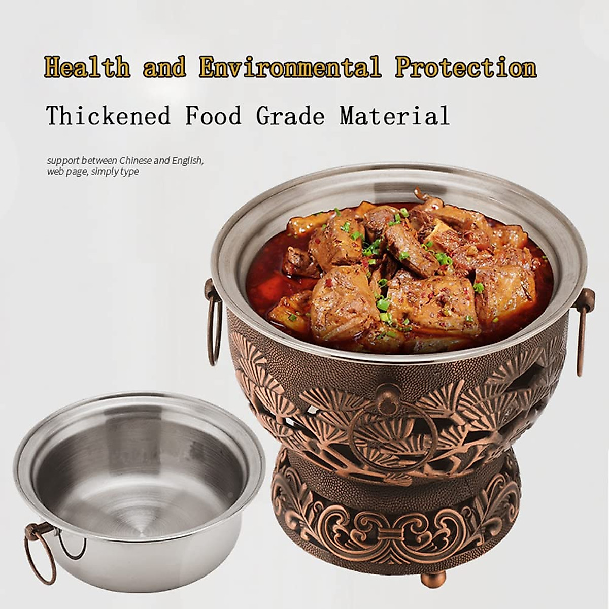 Mini Copper Hot Pot Stainless Steel Shabu Shabu Pot Cooker Alcohol Hotpot Cooking Pot Cookware Pan Single Chafing Dishes for Home Kitchen, Fuel Not Included,Bronze