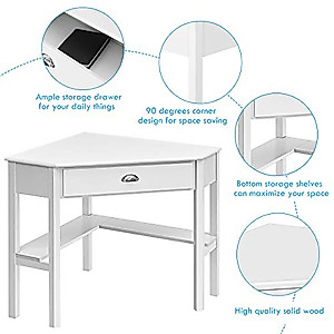 Tangkula White Corner Desk, Corner Computer Desk with Drawer for Small Space, Small Corner Makeup Vanity Desk, 90 Degrees Triangle Corner Desk with Storage Shelves