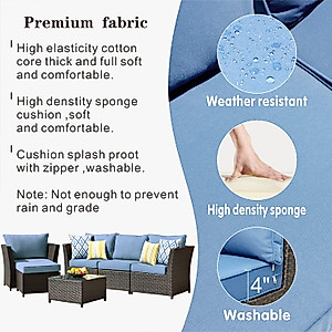 ovios Patio Furniture Set 6 Piece Fully Assembled Outdoor Furniture Conversation Set All Weather High Back Sofa Rattan Wicker Sectional Sofa Set for Yard Deck Porch (Blue)