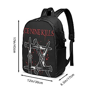 Ice Heavy Nine Metal Kills Backpack with USB Charging/Headphone Port Laptop Bag Student Shoulders Daypack Basic Unisex Lightweight Backpack for Boy&Girl&Men&Women with Bottle Side Pockets 17 IN