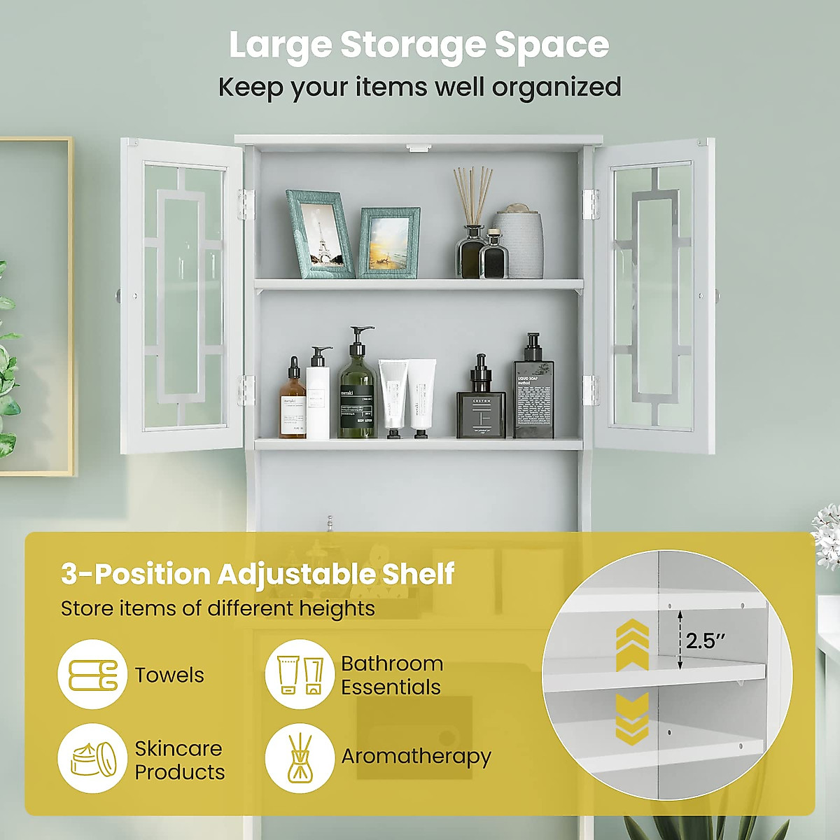 Tangkula Over The Toilet Storage Cabinet, Freestanding Over Toilet Storage Rack w/ 2 Tempered Glass Doors, Open Shelf, 3-Position Adjustable Shelf, Space-Saving Bathroom Organizer (White)