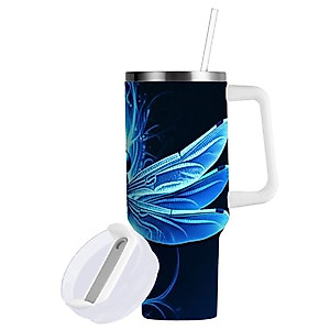 ODAWA 40 Oz Dragonfly Blue Insulated Tumblers with Lid and Straw, Insulated Stainless Steel Tumbler