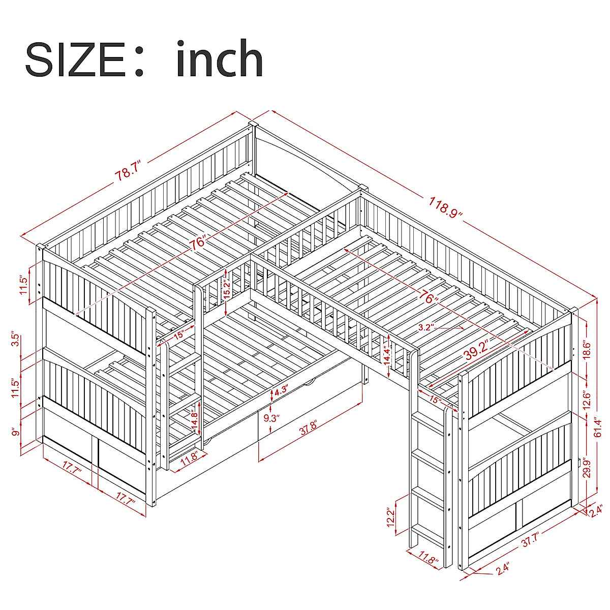 BIADNBZ Twin Over Twin Bunk Bed with a Loftbed Attached, Wood L-Shaped Triple Bunkbeds wth 2 Drawers, for 3 Kids Teens Boys Girls Bedroom, Gray