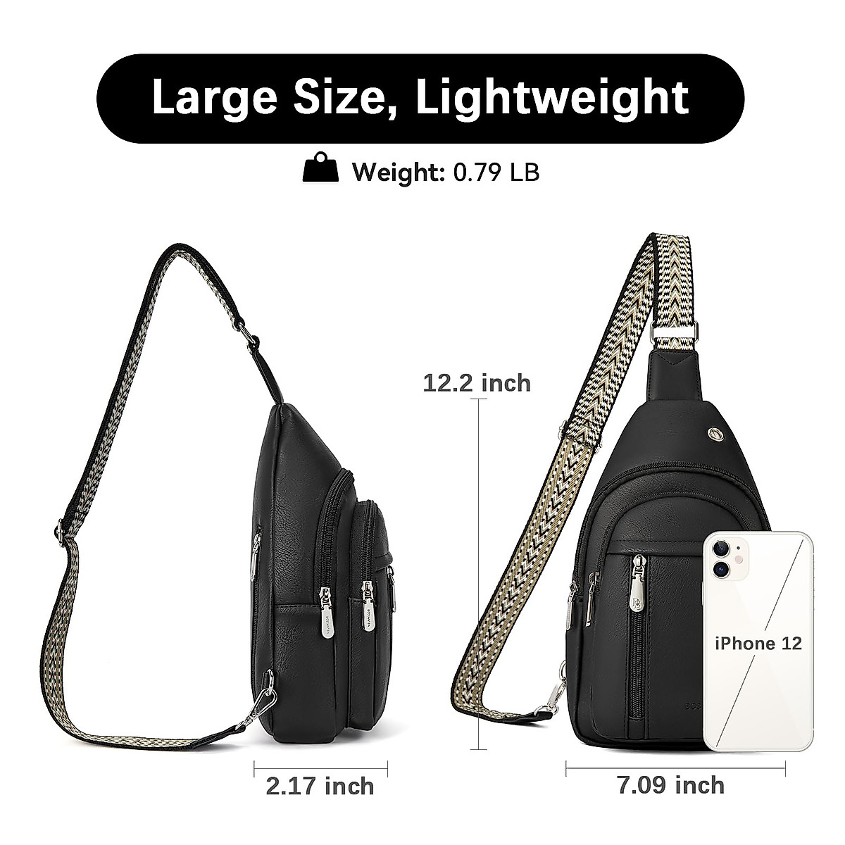 BOSTANTEN Sling Bag Cross Body Bag Trendy Leather Crossbody Purse Chest Bag with Adjustable Guitar Strap for Travel, Black