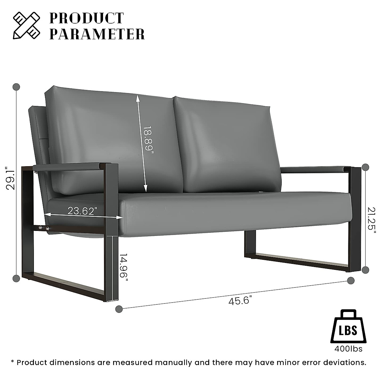 DKLGG Mid-Century Loveseats Sofa Couch, Faux Solid Leather Loveseat Sofa, Upholstered Faux Leather Couch 2-Seat Metal Armchair, Lounge Accent Chair for Living Room, Small Space, Studio, Apartment