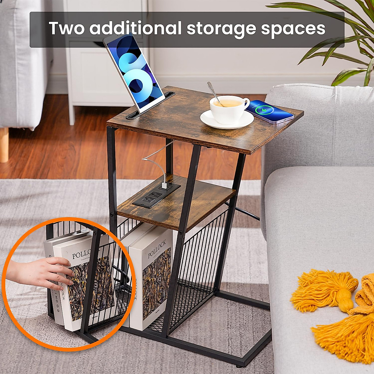Heybly Side Table, C Shaped Nightstand End Table with Charging Station and Phone Holder,2 USB Ports and Power Outlets, Snack Sofa Couch Tables for Small Spaces, Rustic Brown HET001CSR1