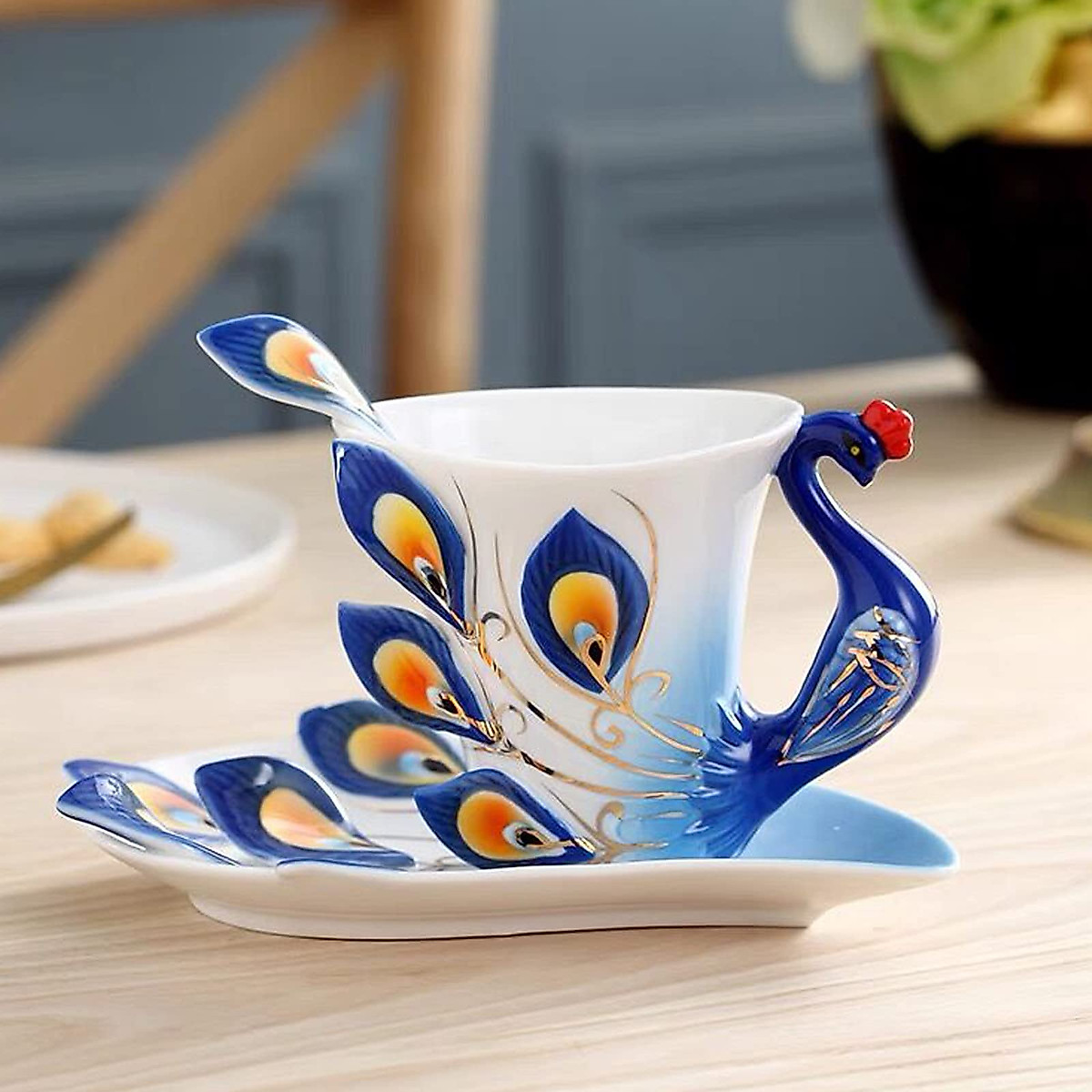GloDeals Hand Crafted Peacock Tea Coffee Cup Set with Saucer and Spoon Delicate Porcelain Mug for Mom Women Grandma Gift Women’s Day Gift(Blue)