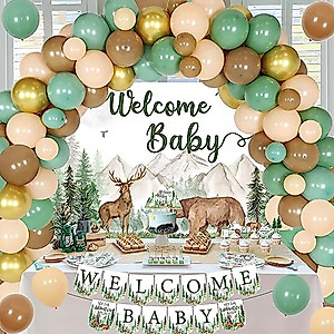Let the Adventure Begin Baby Shower Decorations Sage Green and Gold Balloon Garland Arch with Welcome Baby Backdrop Banner Cake Toppers for Forest Mountain Adventure Baby Shower Decorations