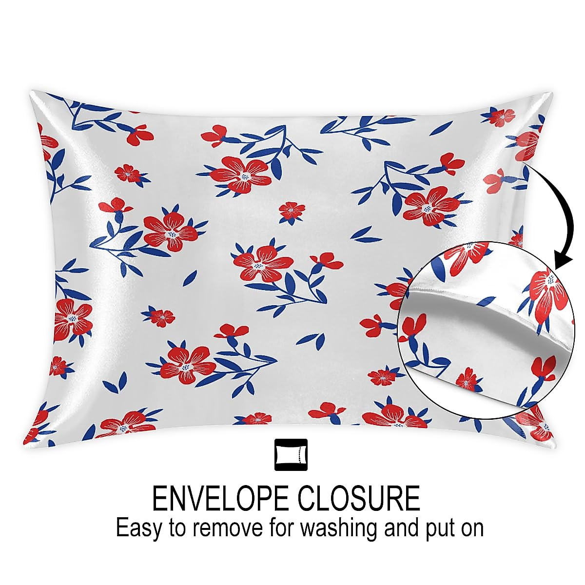 Red Floral Flower Satin Pillow Cases Silk Satin Pillowcase for Hair and Skin Standard Set of 2 Super Soft Silk Pillowcase with Envelope Closure (20x26 in)