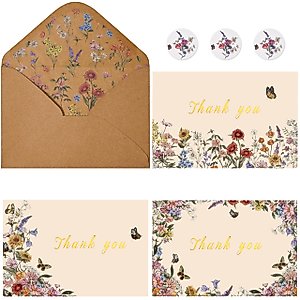 Crisky Thank You Cards 3 Assortment, Watercolor Vintage Wildflowers & Butterfiles (50 Cards with Envelopes for Birthday, Baby Shower, Bridal Shower, Wedding, All Occasion)