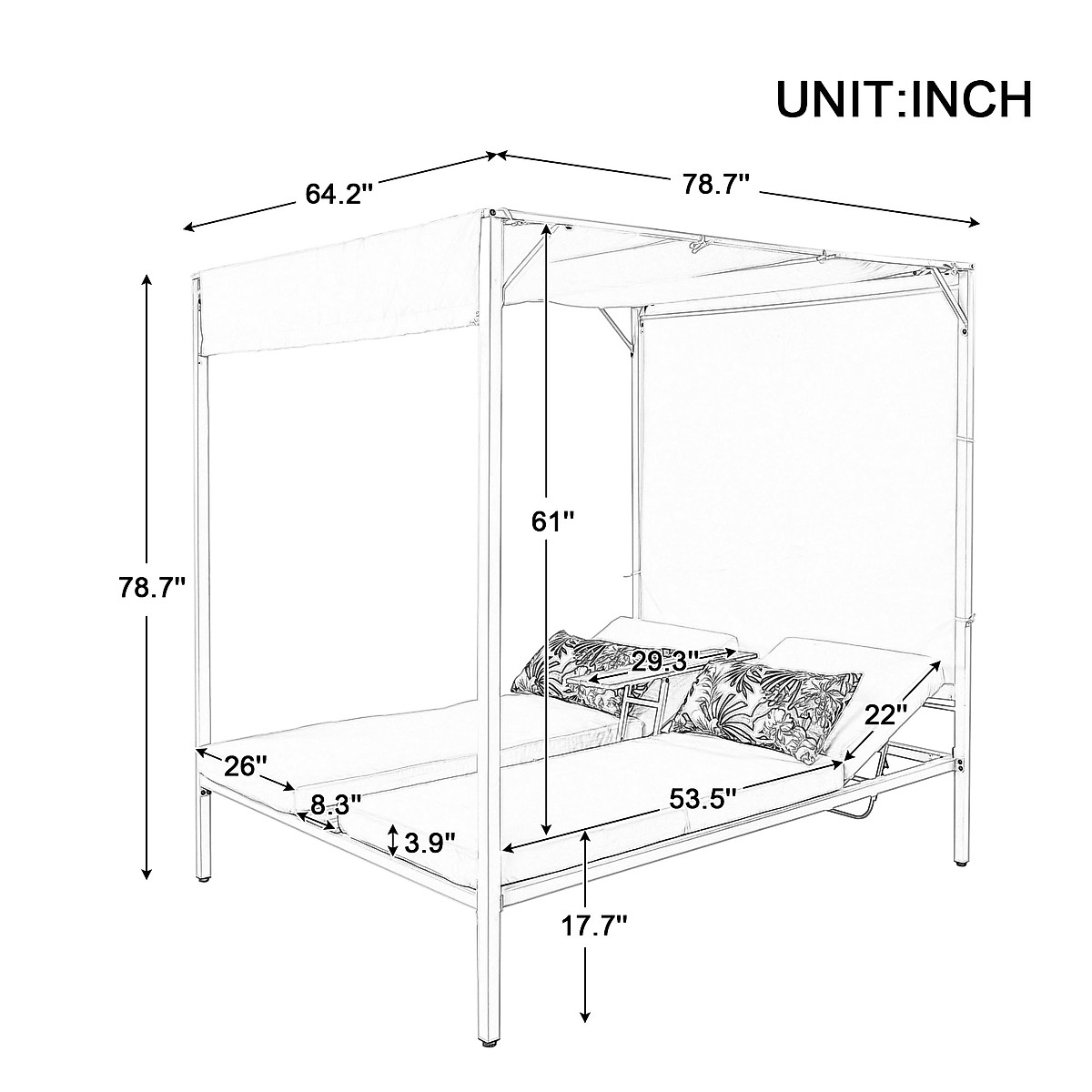 GOAWGO Outdoor Patio Daybed with Canopy-Double Chaise Lounge, 2-Person Sunbed with Comfy Cushions & Throw Pillows, Adjustable Small Tabletop, Sunshade Curtains, 3-Position Adjustable Backrest (Blue)