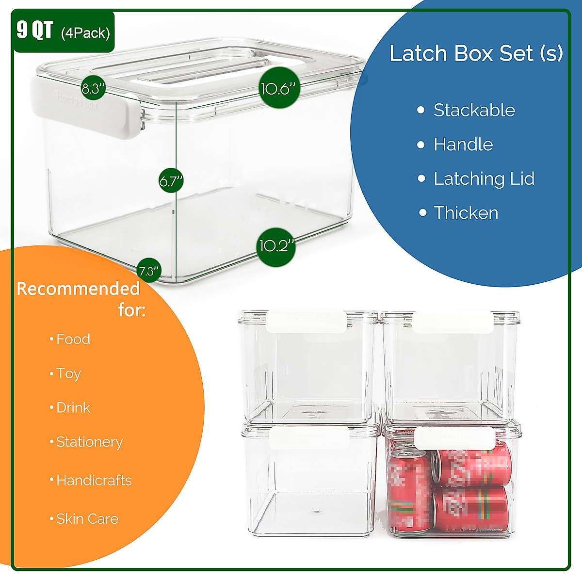 RETRONLY Clear Latch Boxes for Storage - 9 Qt Plastic Storage Containers with Lids, Clear Bins for Storage & Organizer, Storage Bins with Handle(36 QT, 4 Pack)