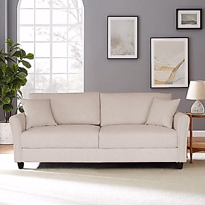 mikibama Linen Fabric Sofa 85 Inches Mid-Century Modern Couch 3 Seater Sofa with 2 Throw Pillows Upholstered Sofa with Rolled Armrest for Living Room, Apartment, Bedroom (Beige)