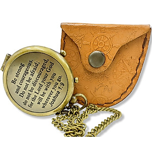 MAH Be Strong and Courageous Brass Religious Compass Gift Confirmation Baptism Easter Christian Catholic Graduation Trekking Adventure Engraved Scripture Prayer Gift for Men Women Teenage Boys Girls