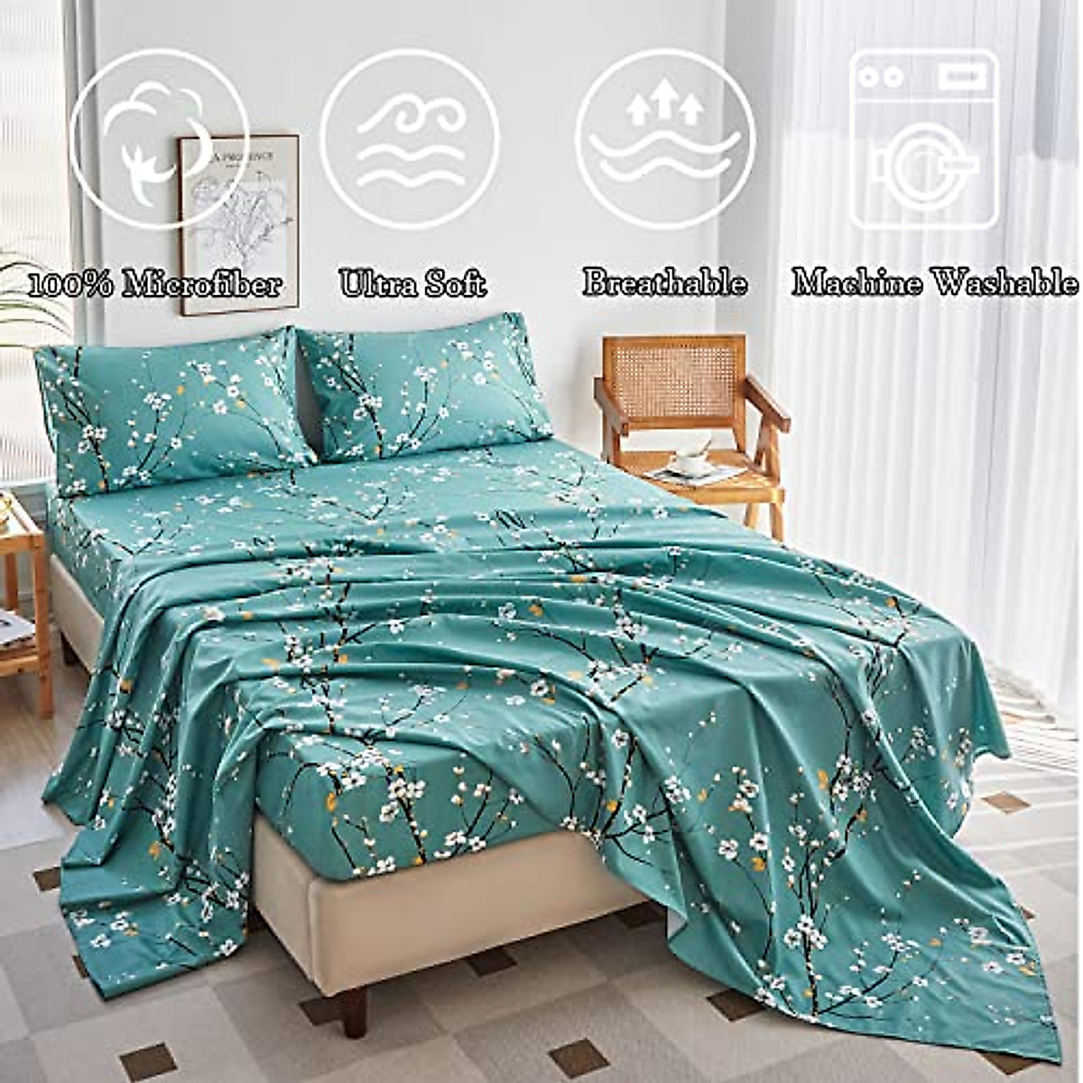 ZRNBAST Teal Sheet Set 4 Pcs Full Sheet Set Floral Print Flat Sheet Fitted Sheet Farmhouse Shabby Bedding Sheets Easy Fit Microfiber Sheets-All Seasons (Teal, Full)