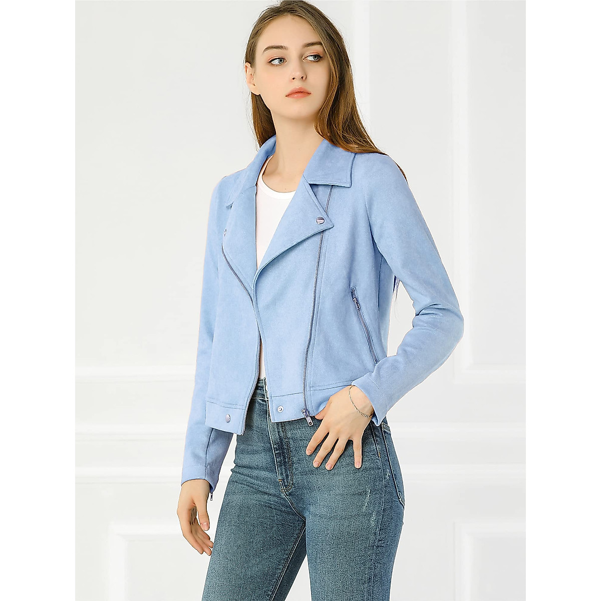 Allegra K Women Short Soft Zip Up Faux Suede Biker Moto Jacket Small Light Blue