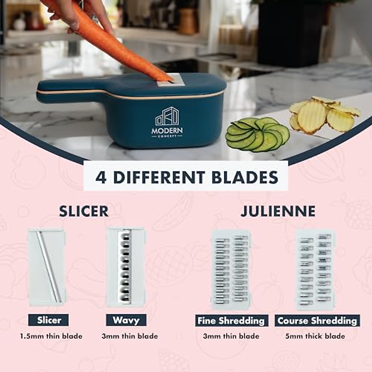 ModernConcept Mandoline Slicer Onion Slicer Vegetable Cutter Julienne Slicer Kitchen Master Handheld Mandoline Slicer Veggie Slicer with Container Vegetable Slicer with Container Food Slicer