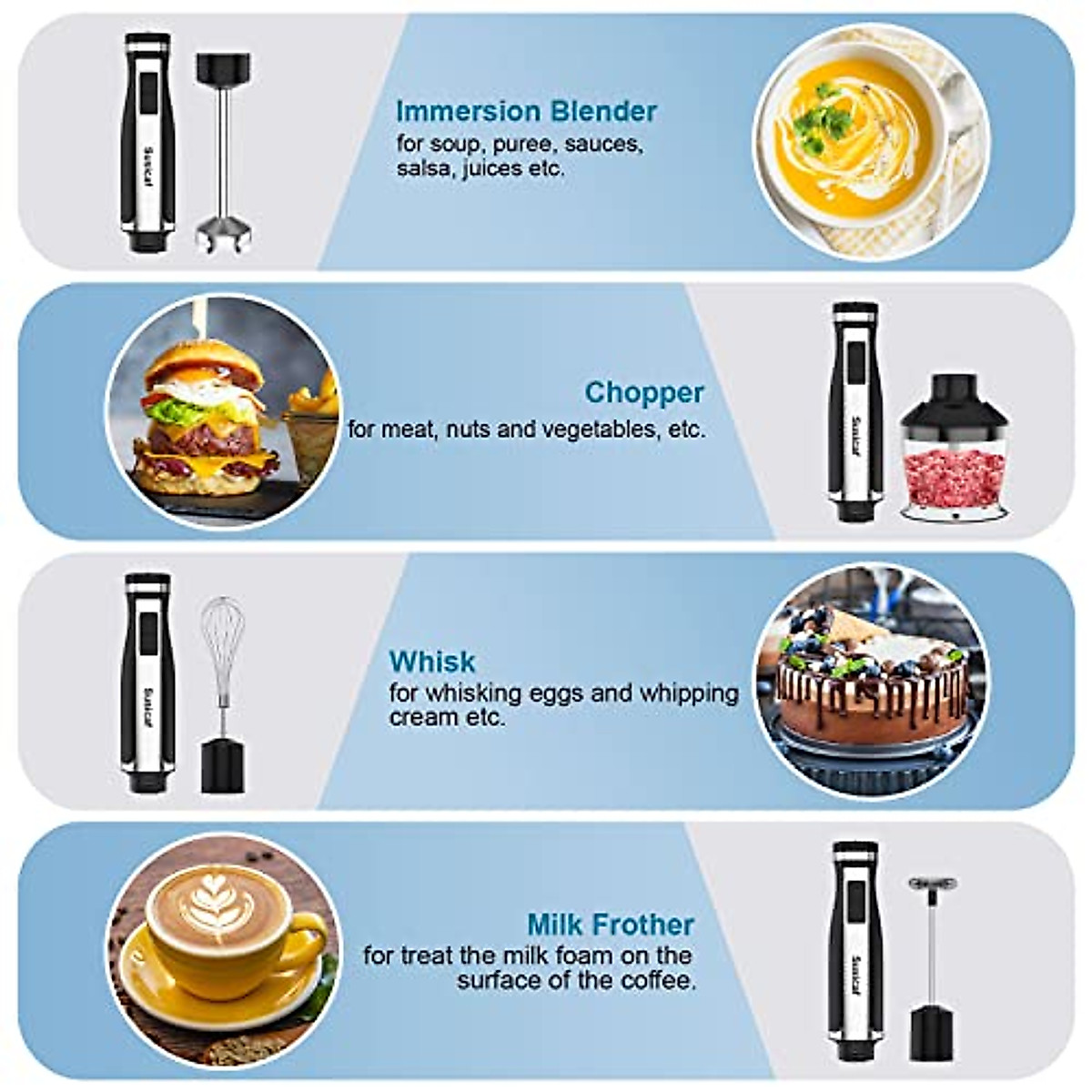 Immersion Hand Blender, 800W Stick Blender, 20 Speed Stainless Steel Immersion Blender, With 27oz Beaker, 17oz Chopping Bowl, Whisk, Frother Attachments, for Soup, Smoothie, Puree, Baby Food, Black