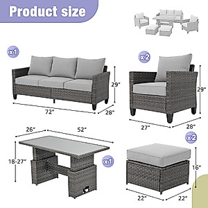 SUNSITT Patio Furniture Set 6-pcs Outdoor Furniture Conversation Sets with Lift Dining Table Wicker Patio Furniture Outdoor Couch Grey Rattan Light Grey Cushions for Garden, Backyard, Lawn