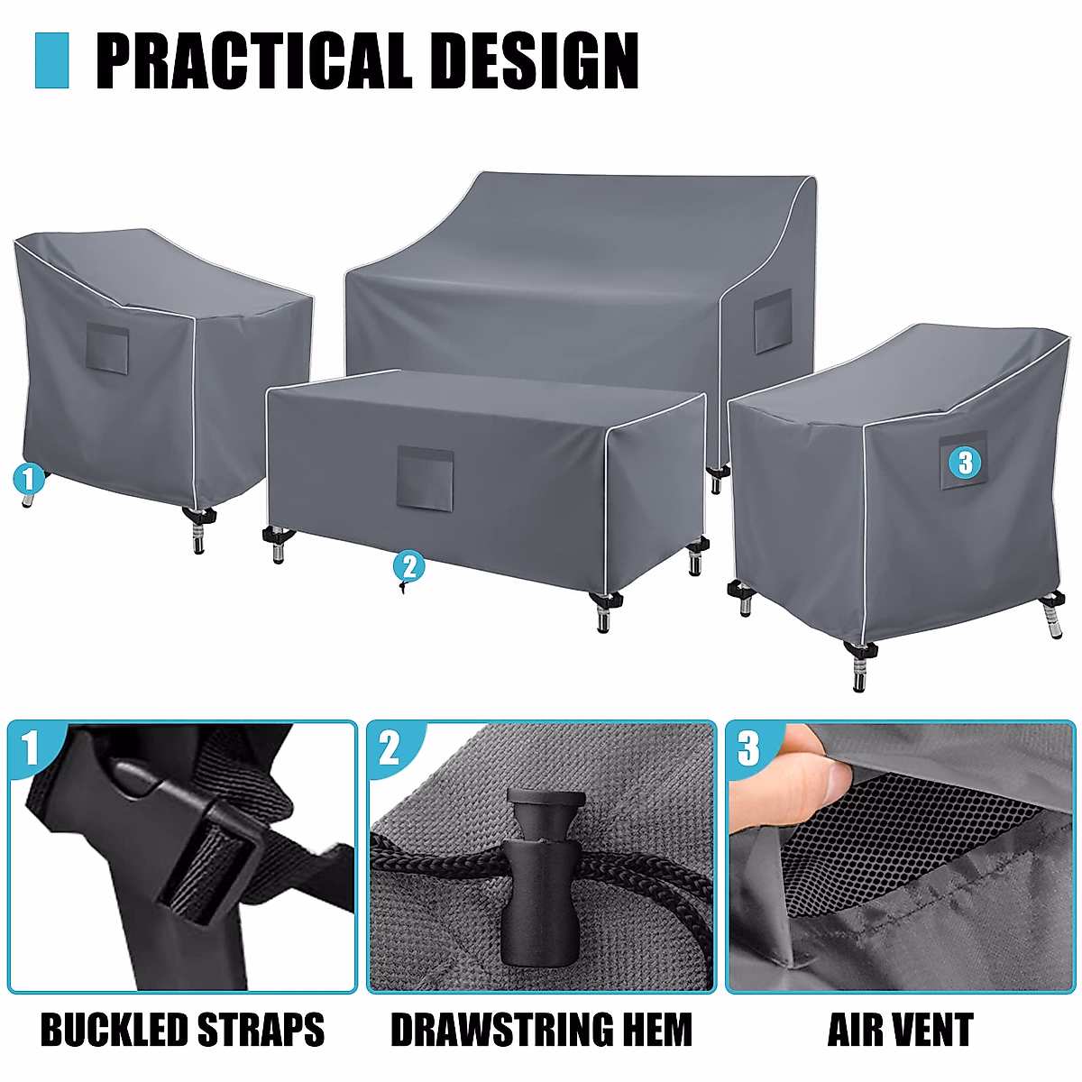 SIRUITON Patio Furniture Covers 4 Piece Set, Outdoor Furniture Cover Waterproof, Patio Furniture Set Covers, Heavy Duty Durable and Water Resistant Fabric, Fit for Chairs, Couch, Coffee Table, Grey