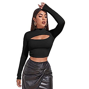 SheIn Women's Long Sleeve T Shirt Front Cut Out Basic Knit Mock Neck Crop Top Black Small
