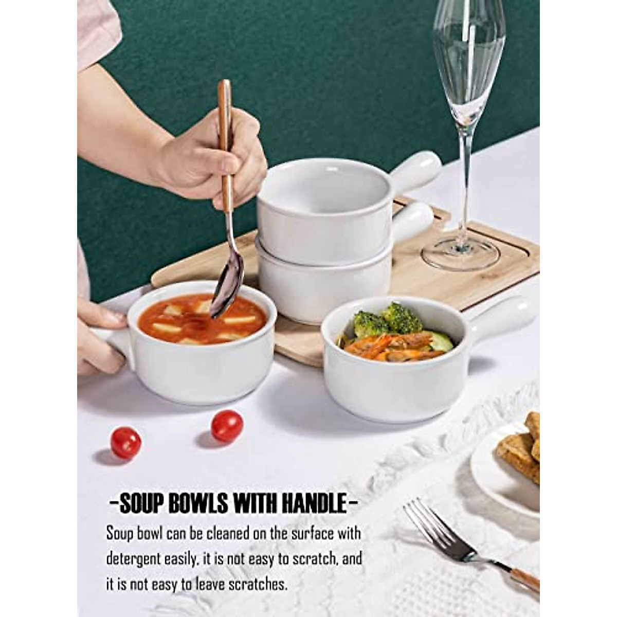 UNICASA Ceramic Soup Bowls with Handles - 14 Ounce French Onion Soup Crock Pot Microwave Oven Safe for Chili, Cereal, Stew, Set of 4 (White)