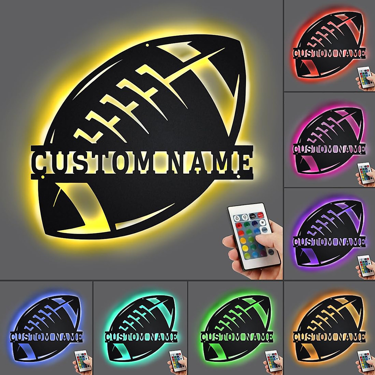 Personalized Football Gifts for Men Custom Name Football with Led Night Light, Football Neon Light Wall Sign 16 Colors Changing with Remote Control, Sport Lover Christmas Birthday Gift (Style 2)