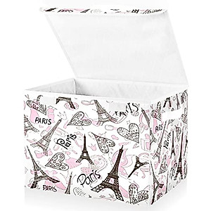 Kigai Storage Basket Beautiful Paris Eiffel Tower Storage Boxes with Lids and Handle, Large Storage Cube Bin Collapsible for Shelves Closet Bedroom Living Room, 16.5x12.6x11.8 In
