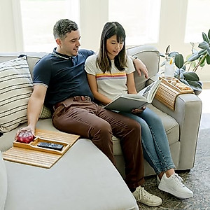 Couch Cup Holder Tray Couch Caddy Anti-Slip Bamboo Sofa Arm Tray *2-Pack* Organizer for Remote Control, Drinks, Snacks, Phone,- Foldable and Easy to Clean, Movie Must-Haves, Armchair Accessories