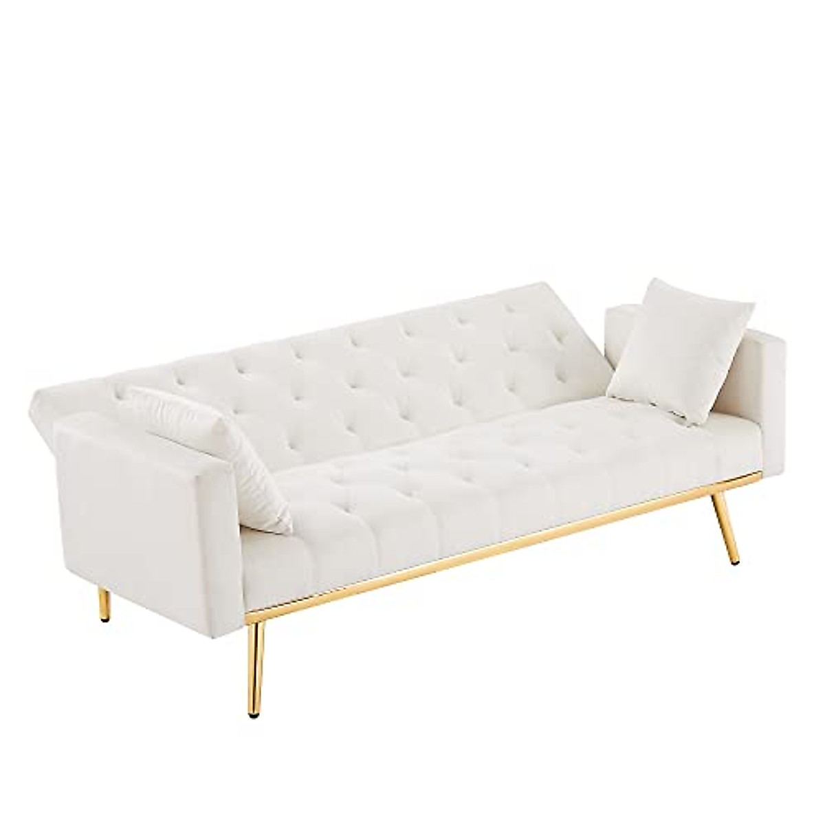 yunqishi JIANDAN 73.2" Velvet Futon Sofa Bed, Convertible Futon Couch with Gold Metal Legs, Modern Sleeper Bed for Living Room, Bedroom, Apartment (White)